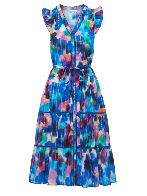 CHANGE OF SCENERY Blue / Red Emily Tiered Maxi Shirt Dress In Giverny Gardens Metallic Print - Blue/red