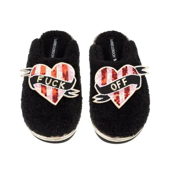 LAINES LONDON Black / Gold Teddy Closed Toe Slippers With Pink & Red Stripe Fuck Off Brooches Black - Black/gold