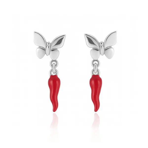 UNALOE Silver / Red Butterfly Earrings In Sterling Silver With Lucky Charm – Butterfly & Cornicello Stud Earrings - Silver/red