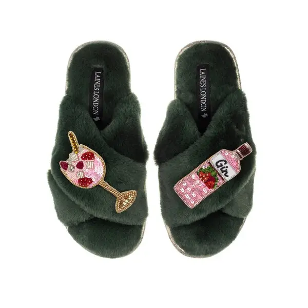 LAINES LONDON Classic Laines Slippers With Pink Gin & Fruit Glass Brooches Limited Edition - Green