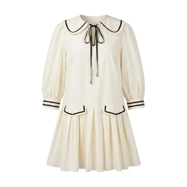 MODENAIRE Neutrals Long Sleeve Mini Dress With Peter Pan Collar Front Tie Detail Contrast Trim Pockets And Soft Pleated Skirt - Yellow