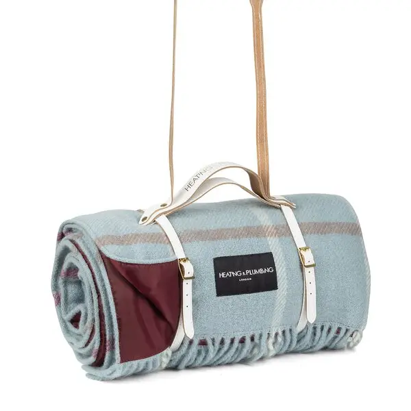 HEATING & PLUMBING LONDON Duck Egg Checked Pure New Wool Picnic Blanket With Long White Strap - Blue