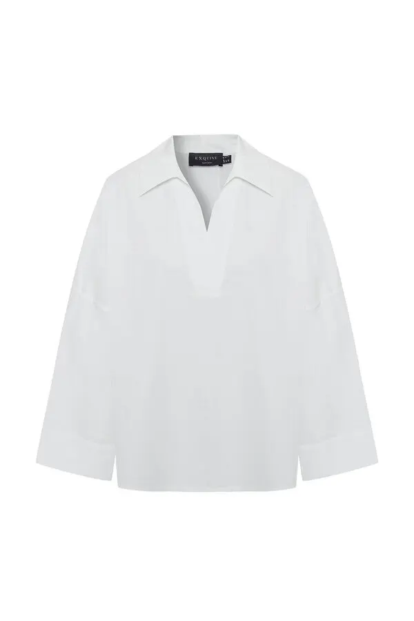 EXQUISE Lucia Collared Poplin V-neck Blouse - White