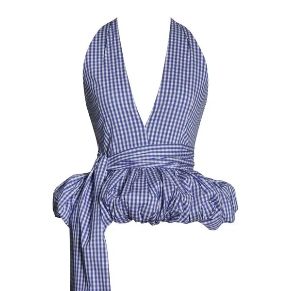 MISS CIRCLE NEW YORK Ilene & White Checkered Bubble Hem Halter Top - Blue