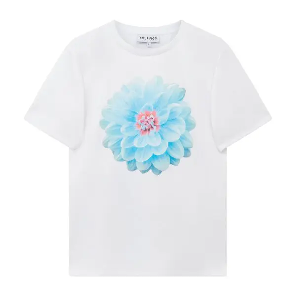 SOUR FIGS Blue / White Blue Dahlia Bloom Print T-shirt In White - Blue/white