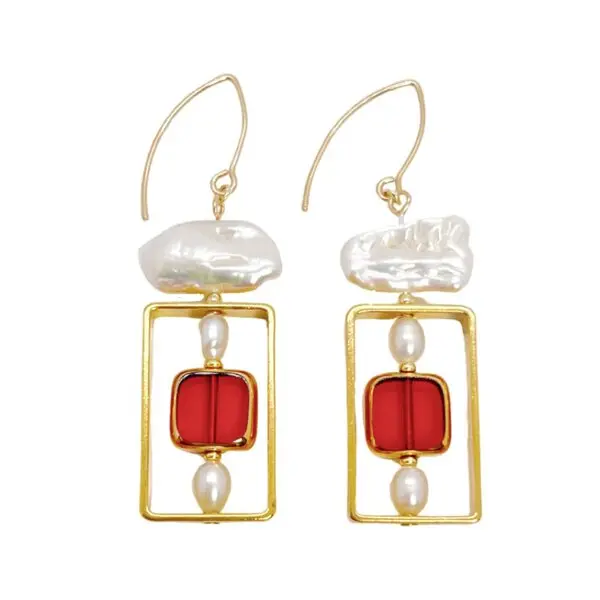 ARACHELI STUDIO Geometric Art Square X Pearls Earrings - Red