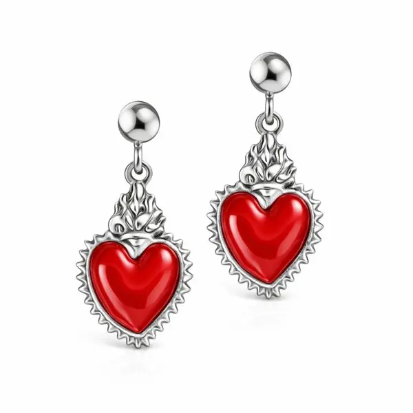 UNALOE Silver / Red Silver Earrings With Red Heart Pendant– Sacred Heart Style, Handmade Jewelry, Elegant Earrings - Silver/red