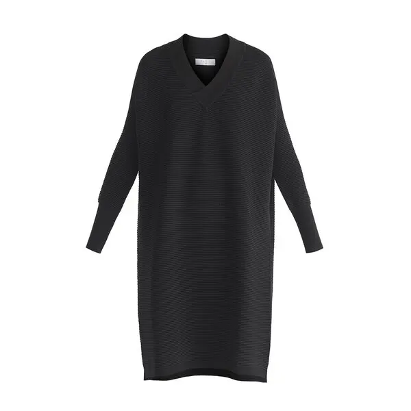 PAISIE V-neck Ribbed Jumper Dress - Black