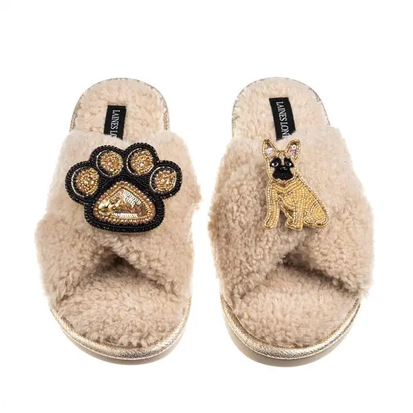 LAINES LONDON Neutrals Boucle Slippers With Paw & Fawn Sitting French Bulldog Brooches Oatmeal - Brown