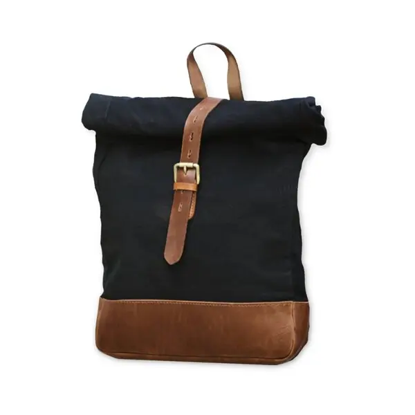 VIDA VIDA Black / Brown Canvas & Leather Roll Top Bag- Black & Tan - Black/brown