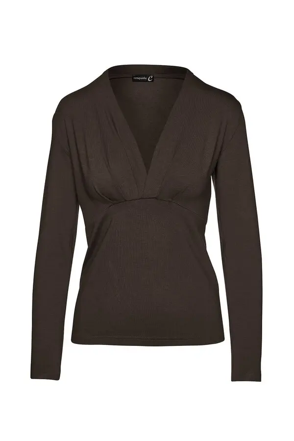 CONQUISTA Long Sleeve Faux Wrap Top In Stretch Jersey Sustainable Fabric - Brown