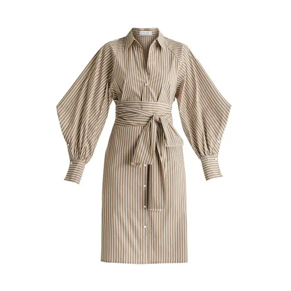 PAISIE Neutrals Striped Volume Sleeve Shirt Dress With Matching Tie Belt In Khaki Stripes - Yellow