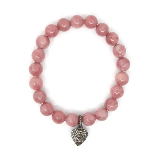Shar Oke Silver / Pink Pink Opal & Diamonds Heart Charm Beaded Bracelet