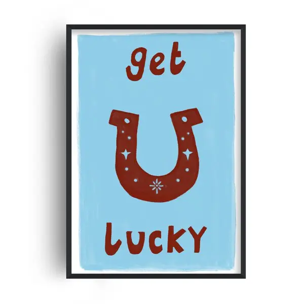 FANCLUB Blue / Brown Get Lucky Horse Shoe Hand Painted Western Playful Art Print Large A2 - Blue/brown