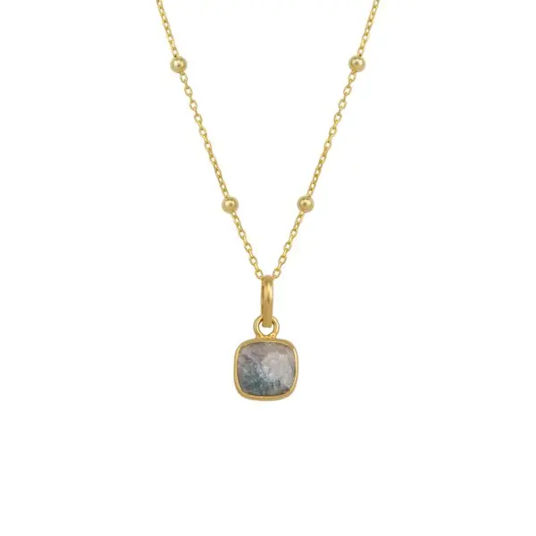SPERO LONDON Sterling Silver Natural Square Pendant Necklace With Beaded Chain Stone - Grey