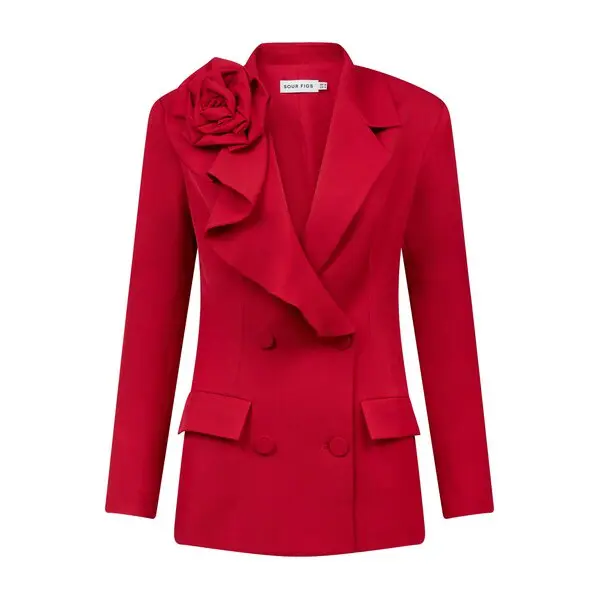 SOUR FIGS Rose-detail Double-breasted Blazer In Vivid Burgundy - Red