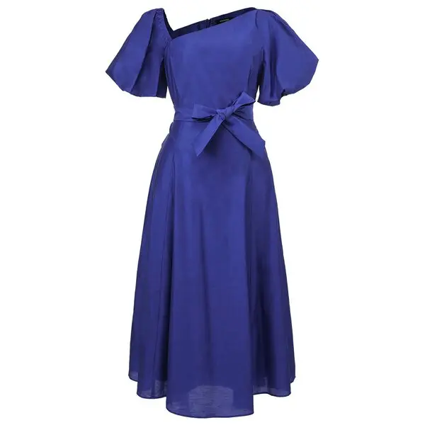 SMART AND JOY Fit-and-flare Asymmetric Collar Dress - Blue