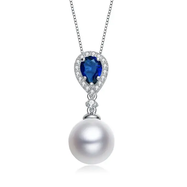 GENEVIVE Sterling Silver Pendant With Sapphire, Zirconia And Freshwater Pearl - Blue/white/silver