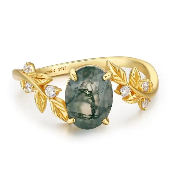 AZURA JEWELRY NEW YORK Between The Leaf Oval Moss Agate Ring Yellow Vermeil - Gold