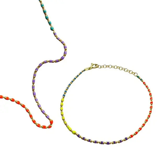 SPERO LONDON Sterling Silver Enamel Mine Beaded Colourful Rainbow Necklace & Bracelet Set - Gray