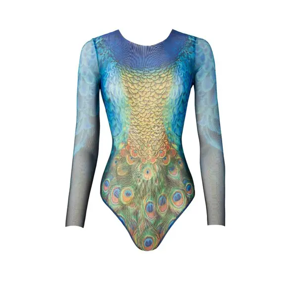 RODA SMARTSWIMWEAR Tan-through Mesh One-piece Swimsuit With Sleeves Peacock Mayura Quick Dry - Blue