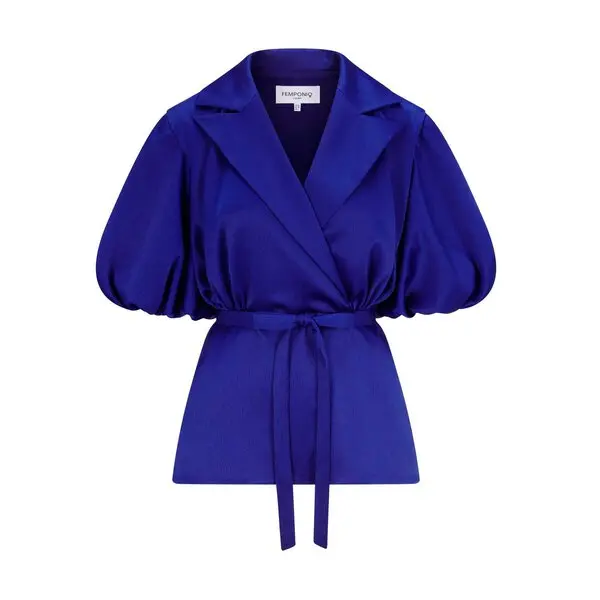 FEMPONIQ Draped Puff Sleeve Belted Blouse Royal - Blue
