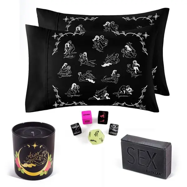 BLACK CAKE Aries Pleasure Pack- Zodiac Horoscope Love Pillowcase, Soap, Dice, Candle Set - Black