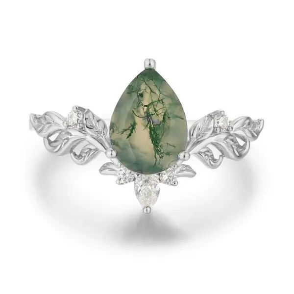 AZURA JEWELRY NEW YORK Dewdrop Moss Agate Ring White Gold Vermeil - Silver