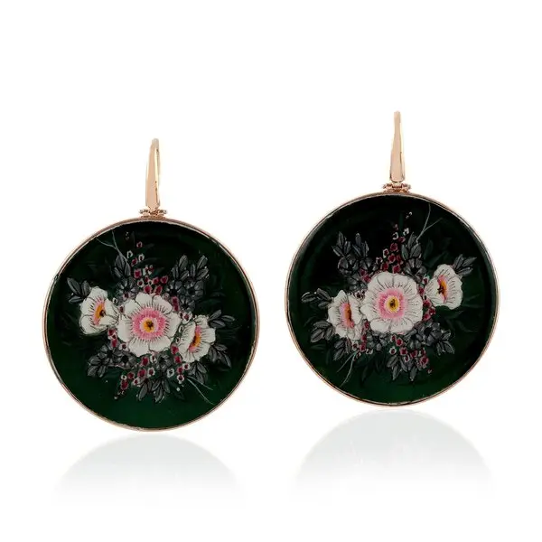 ARTISAN 18k Gold Bakelite & Enamel Hand-painted Floral Drop Earrings - Pink
