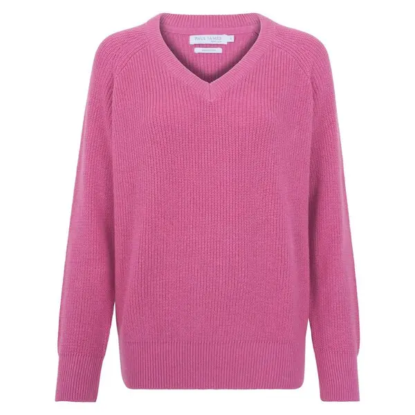 PAUL JAMES KNITWEAR Cotton Torii Ribbed V Neck Jumper Starlet - Pink