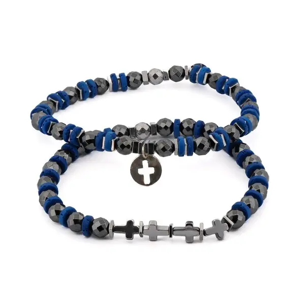 EBRU JEWELRY Blue / Silver Good Vibes Spiritual Beaded Sterling Silver Cross Bracelet Set Blue - Blue/silver