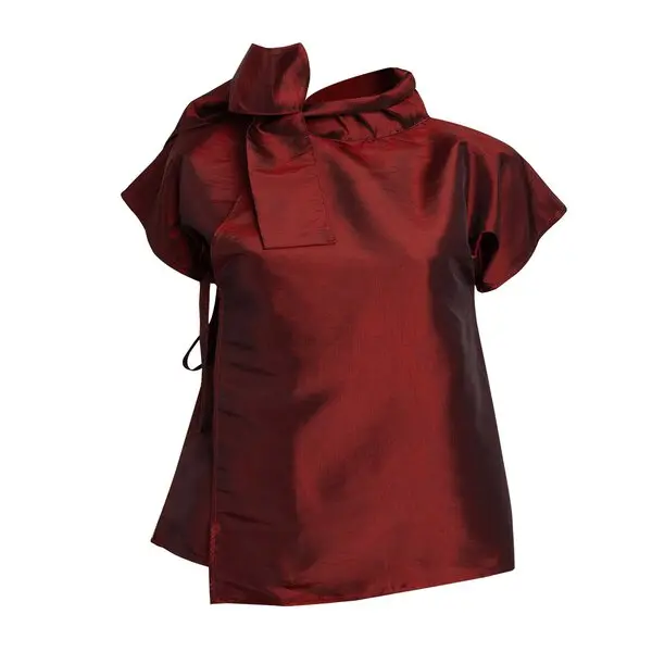 BIANCA POPP Halves Shoulder Ribbon Asymmetrical Blouse In Taffeta - Red