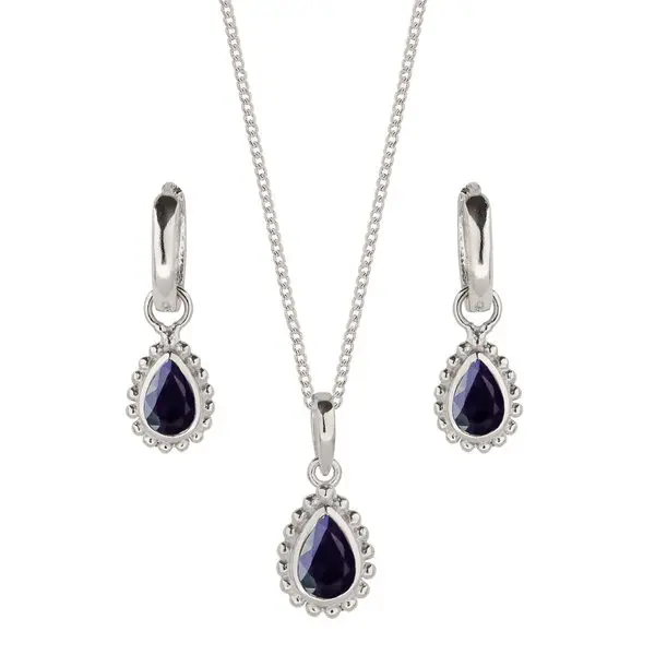 CHARLOTTE'S WEB JEWELLERY Silver / Blue September Birthstone Sterling Silver Necklace And Earring Set Black Sapphire - Silver/blue