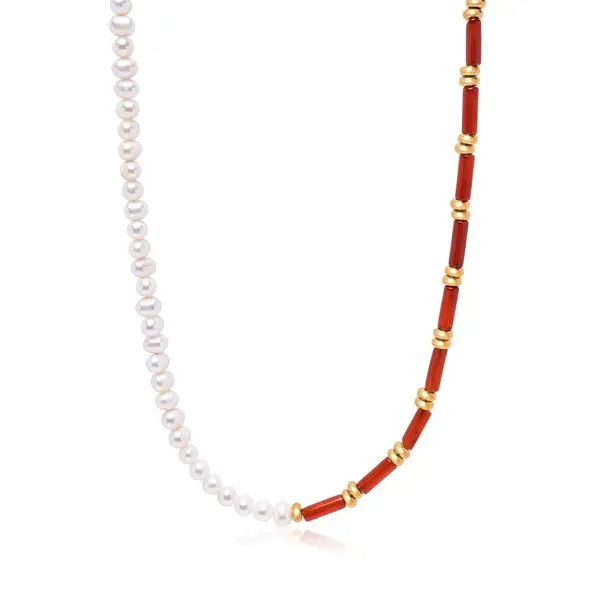 NIALAYA JEWELRY White / Red Pearl Choker With Red Agate - White/red