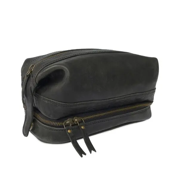 VIDA VIDA Wandering Soul Leather Wash Bag With Zip Bottom - Black