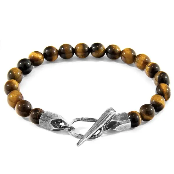 ANCHOR & CREW Tigers Eye Tinago Silver & Stone Beaded Bracelet - Brown