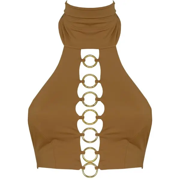 ANTONINIAS Gold / Brown Panama Halterneck Tie Fastening Bikini Top With Golden Details In Golden Brown - Gold/brown