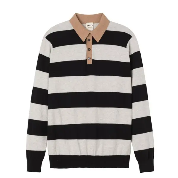 SALTS CASHMERE Long Sleeved Rugby Stripe Polo Shirt Black & Silver - Black/gray