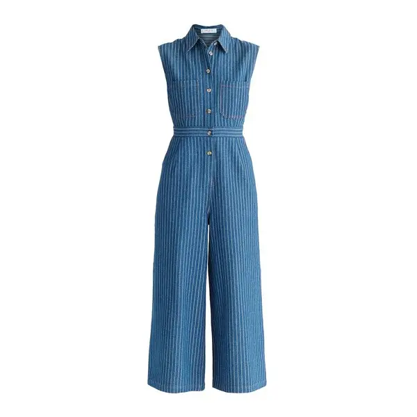PAISIE Wide Leg Denim Jumpsuits In Stripes In Denim - Blue