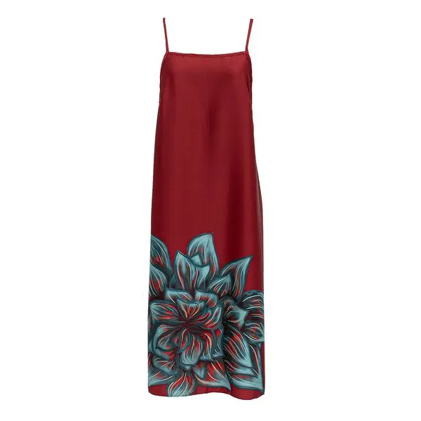 JANARA JONES Red / Blue Wine Blue Rose Print Satin Side-split Staight-neck Cami Top - Red/blue