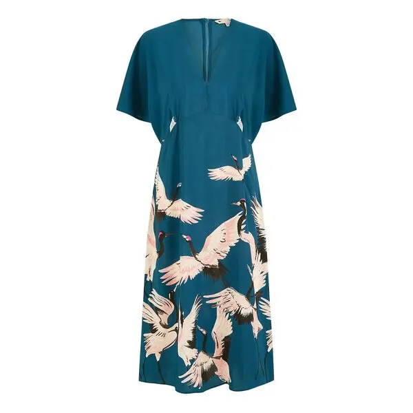 YUMI Teal Recycled Fabric Crane Print Kimono Midi Dress - Blue