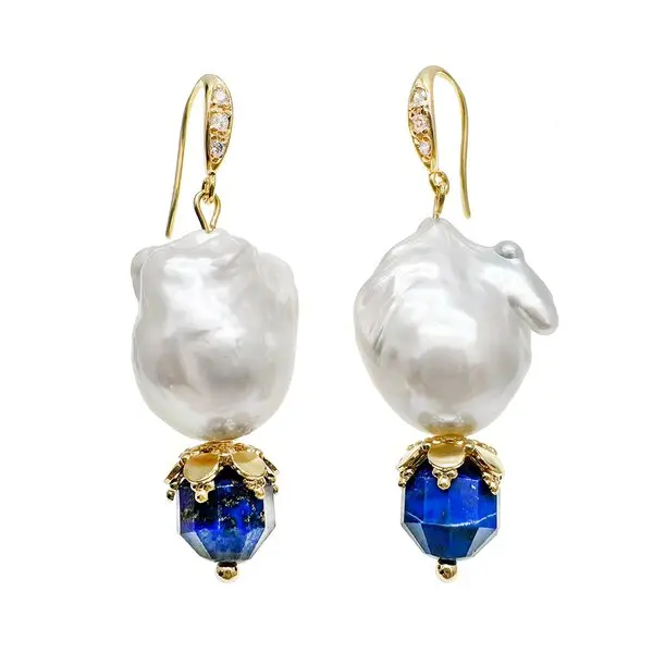 FARRA Baroque Pearls With Lapis Earrings - White