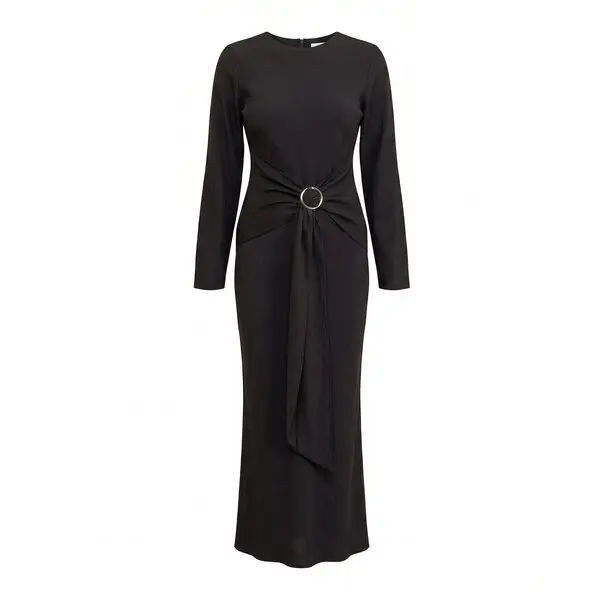 TANTRA SPAIN SL Long Fitted Dress With Long Sleeves And Adjustable Metallic Hoop Waistband - Black