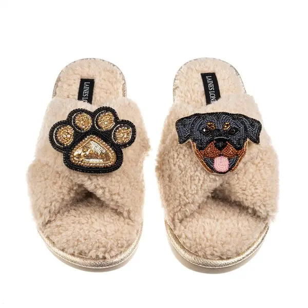 LAINES LONDON Neutrals Laines Boucle Slippers With Paw & Rottweiler Brooches Oatmeal - Brown