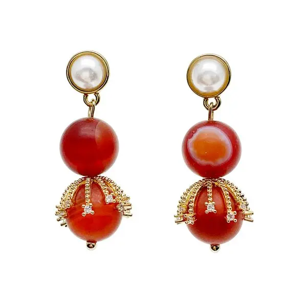 FARRA Matte Finish Agate Dangle With Pearl Stud Earrings - Red