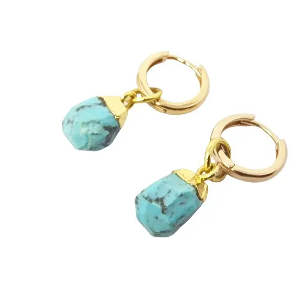 HARFI Raw Turquoise December Birthstone Gold Plated Huggies - Blue