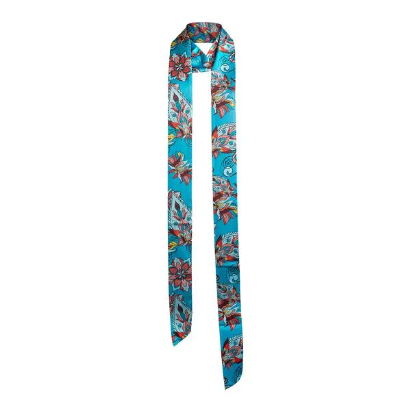 JANARA JONES Floral Satin Skinny Long Scarf - Blue