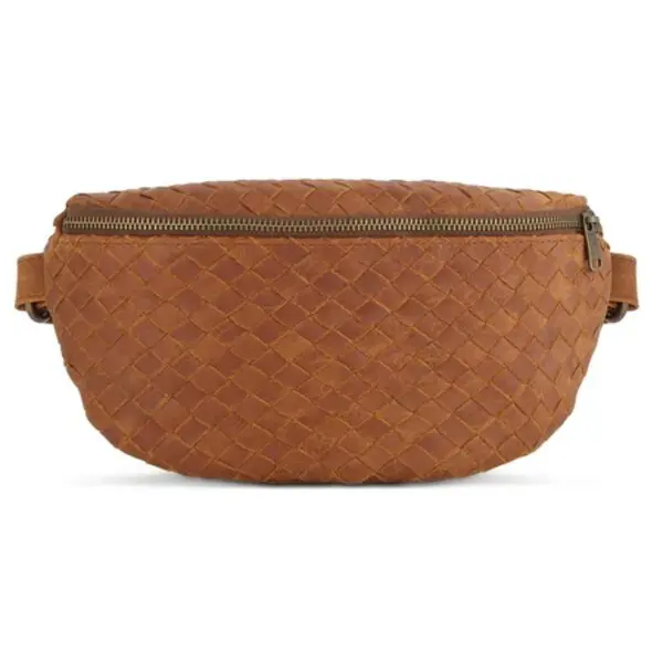 HIDES LEATHER CO. Nexus Woven Leather Belt Bag, Handmade Minimal Saddle Waist Purse - Brown