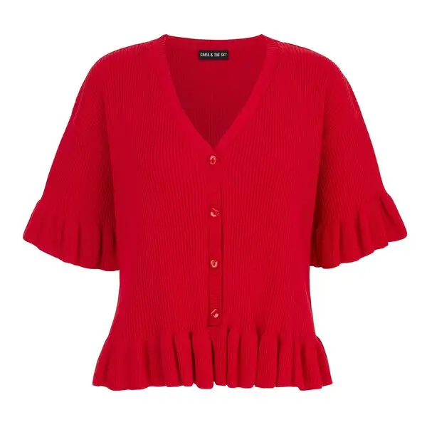 CARA & THE SKY Marlow Ruffle Co-ord Short Sleeve Cardigan - Red
