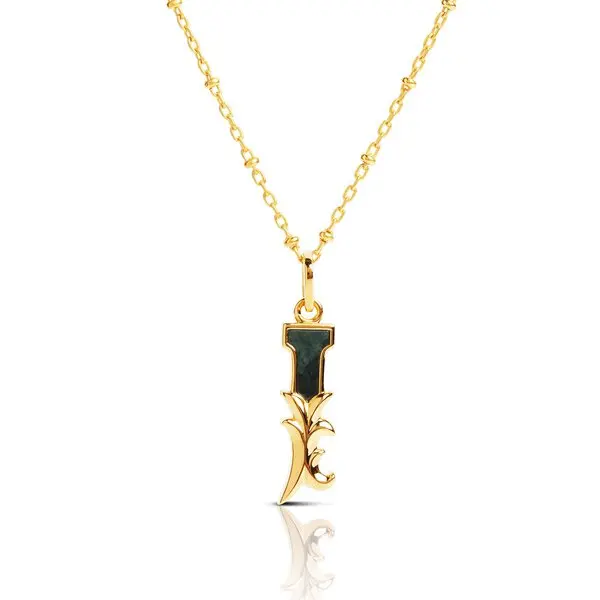 KASUN LONDON Plated I Initial Necklace With Green Marble - Gold